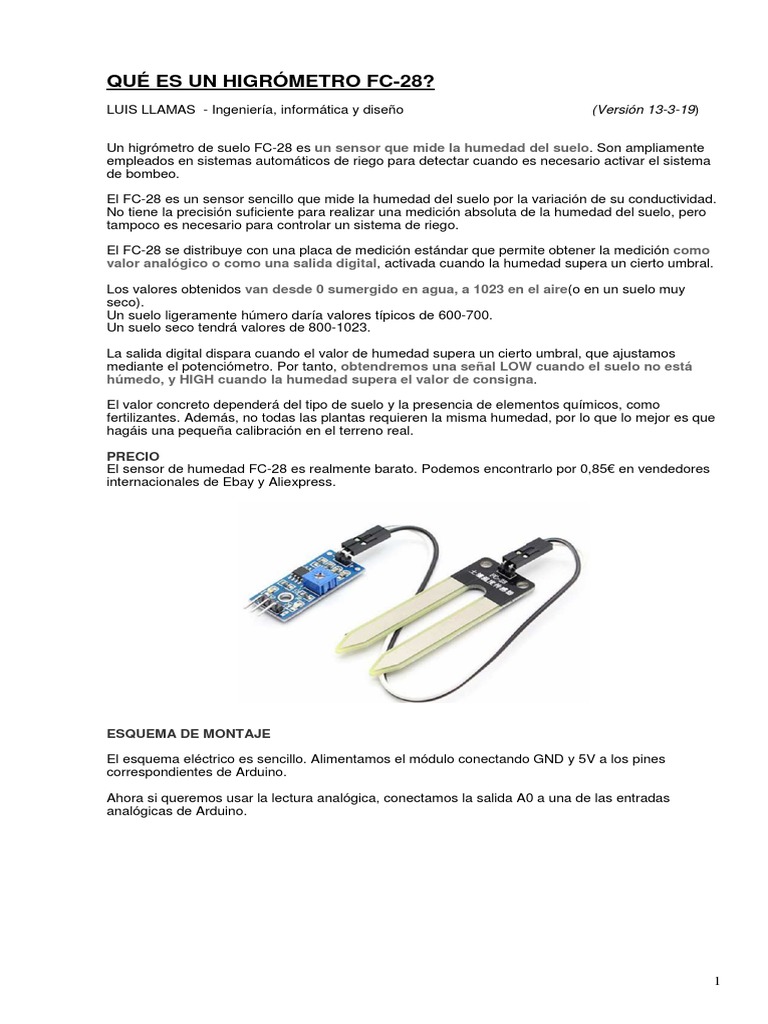 Higrómetro FC-28: Uso y Montaje | PDF | Sensor | Arduino