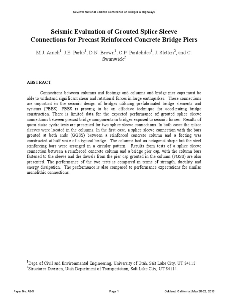 Seismic Evaluation of Grouted Splice Sleeve Connections Fo Precast ...