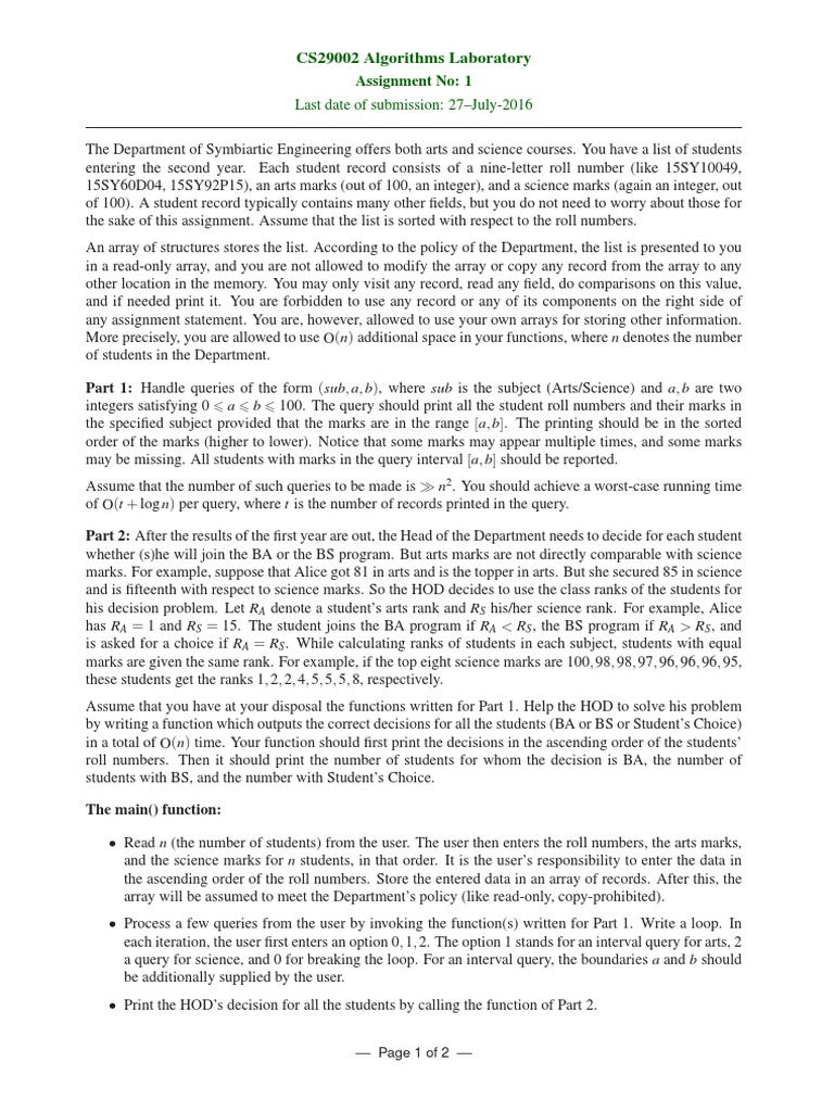 Cs29002 Algorithms Laboratory Assignment No 1 Last Date Of Submission
