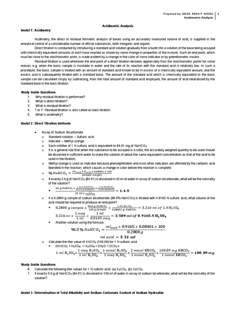 Acidimetric Analysis Model 1: Acidimetry: Prepared By: ENGR. RENA P ...