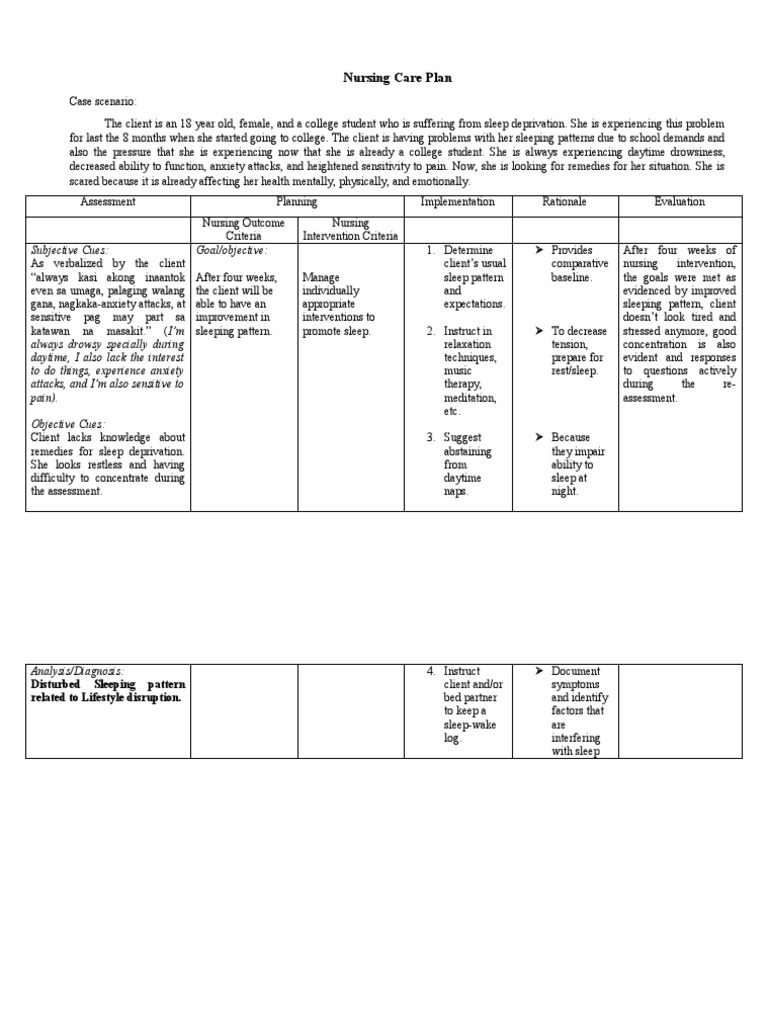 Nursing Care Plan: Subjective Cues: Goal/objective | PDF | Sleep ...