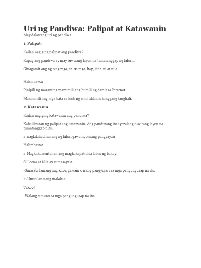 Uri ng Pandiwa: Palipat at Katawanin