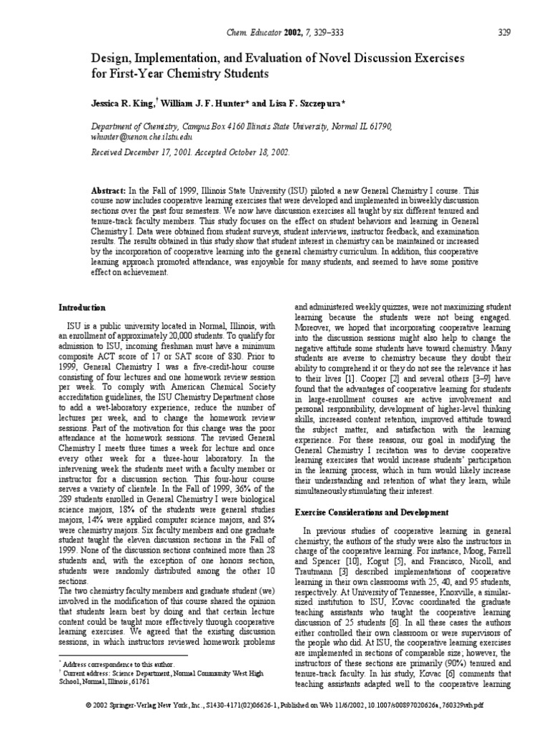 Design Implementation And Evaluation Of Novel Discussion Exercises For First Year Chemistry
