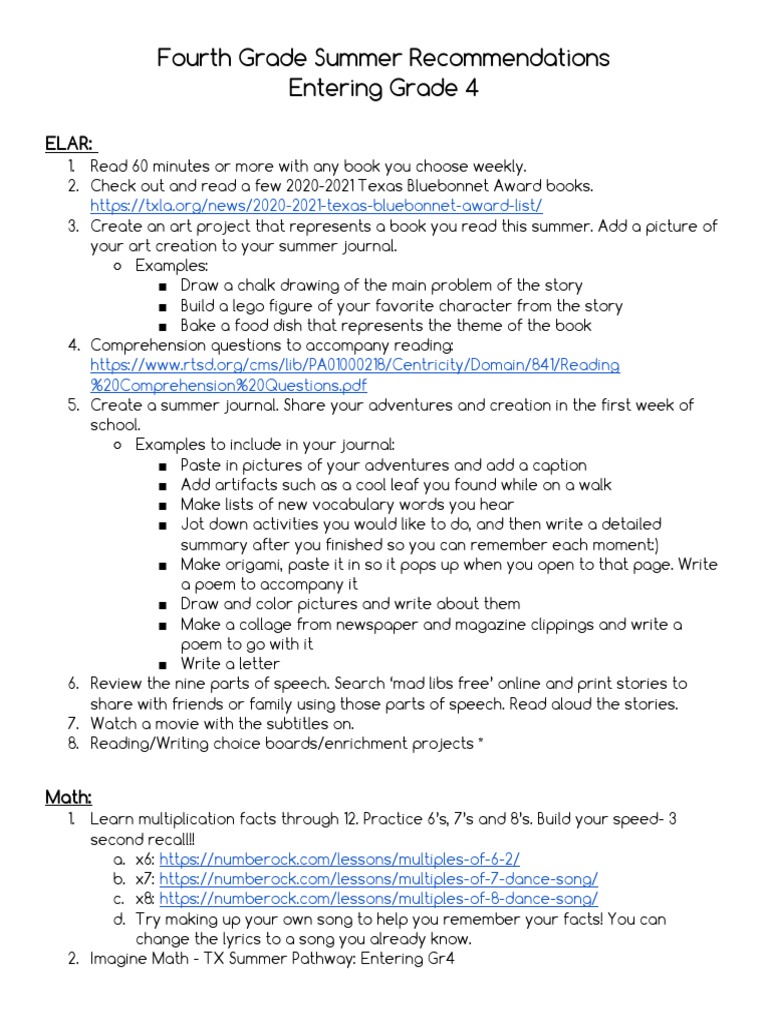 Fourth Grade Recommended Summer Bridge Activties | PDF | Books