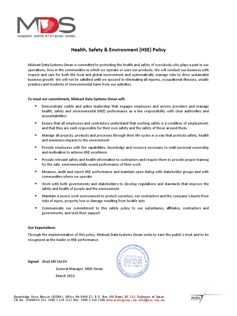 Sample HSE Policy | PDF | Safety | Occupational Safety And Health
