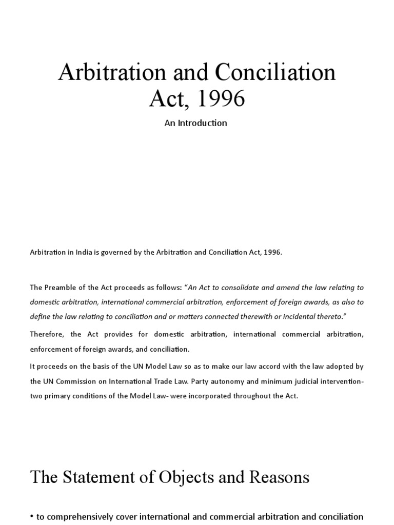 Arbitration and Conciliation Act, 1996: An Introduction | PDF | Arbitration | Arbitral Tribunal