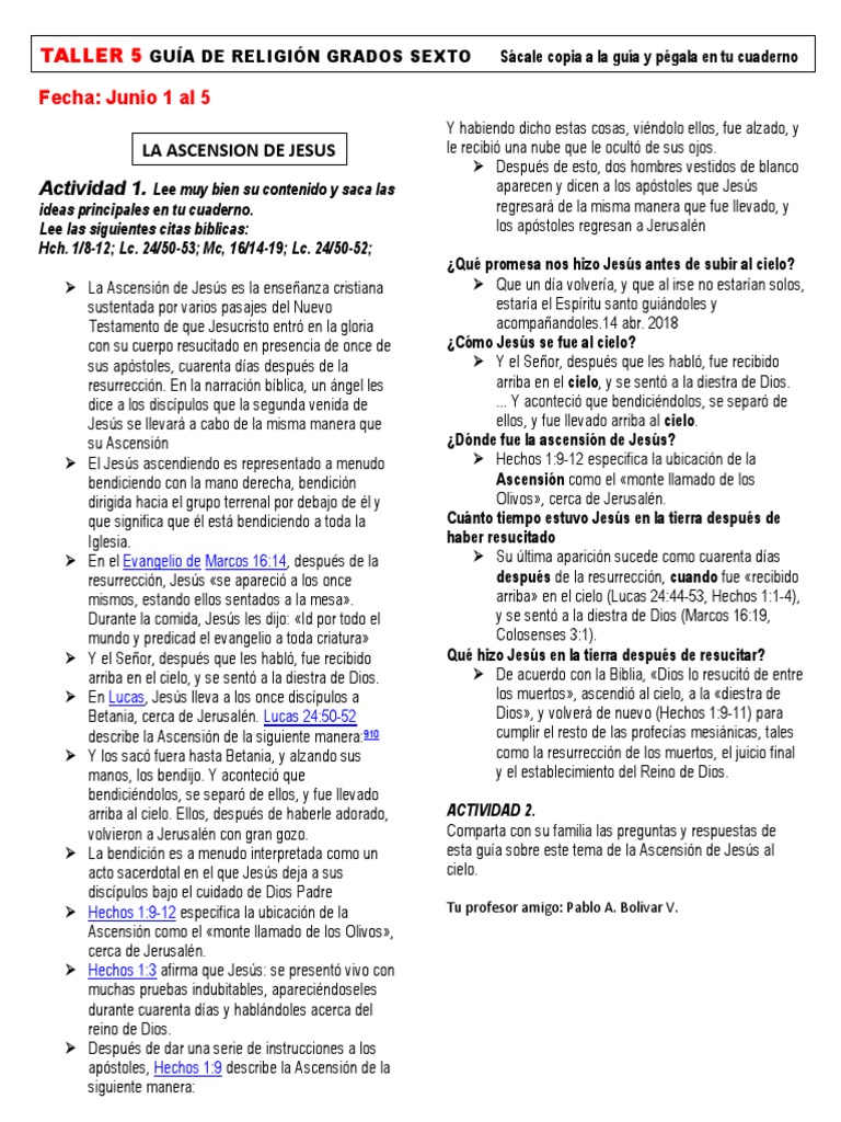 TALLER 5. RELIGION La Ascensión de Jesús | PDF | Ascension de jesus ...