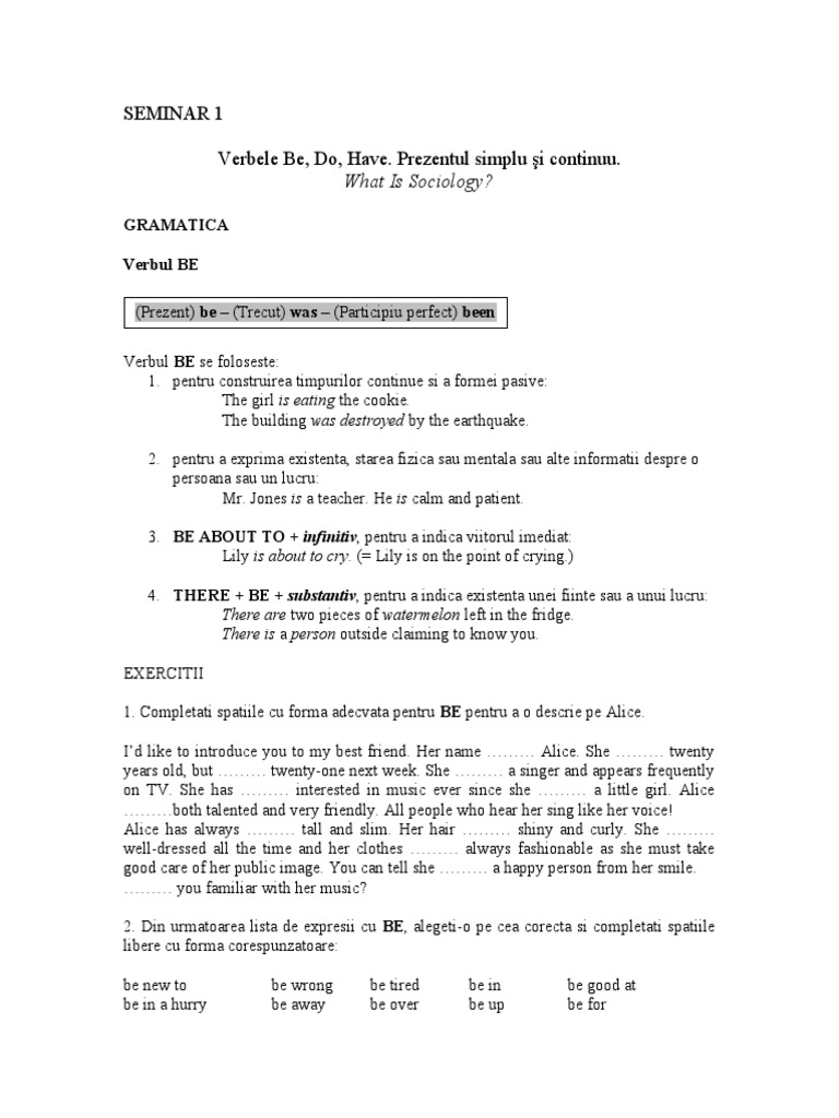 Seminar 01 Verbele Be Do Have Prezentul Simplu Si Continuu What Is Sociology | PDF | Family ...