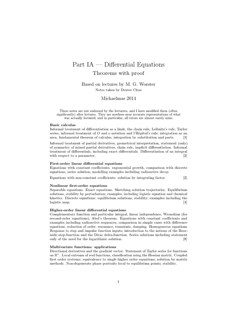 Part IA - Differential Equations: Theorems With Proof | PDF | Ordinary ...