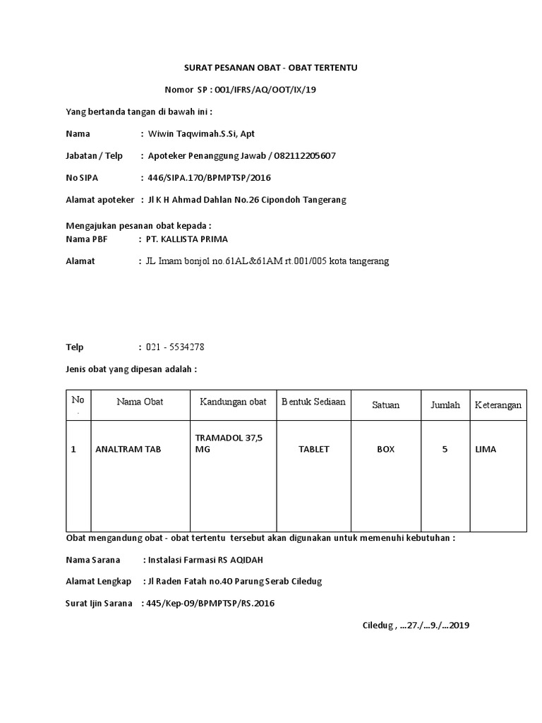 Surat Pesanan Obat Analtram 37,5 mg | PDF
