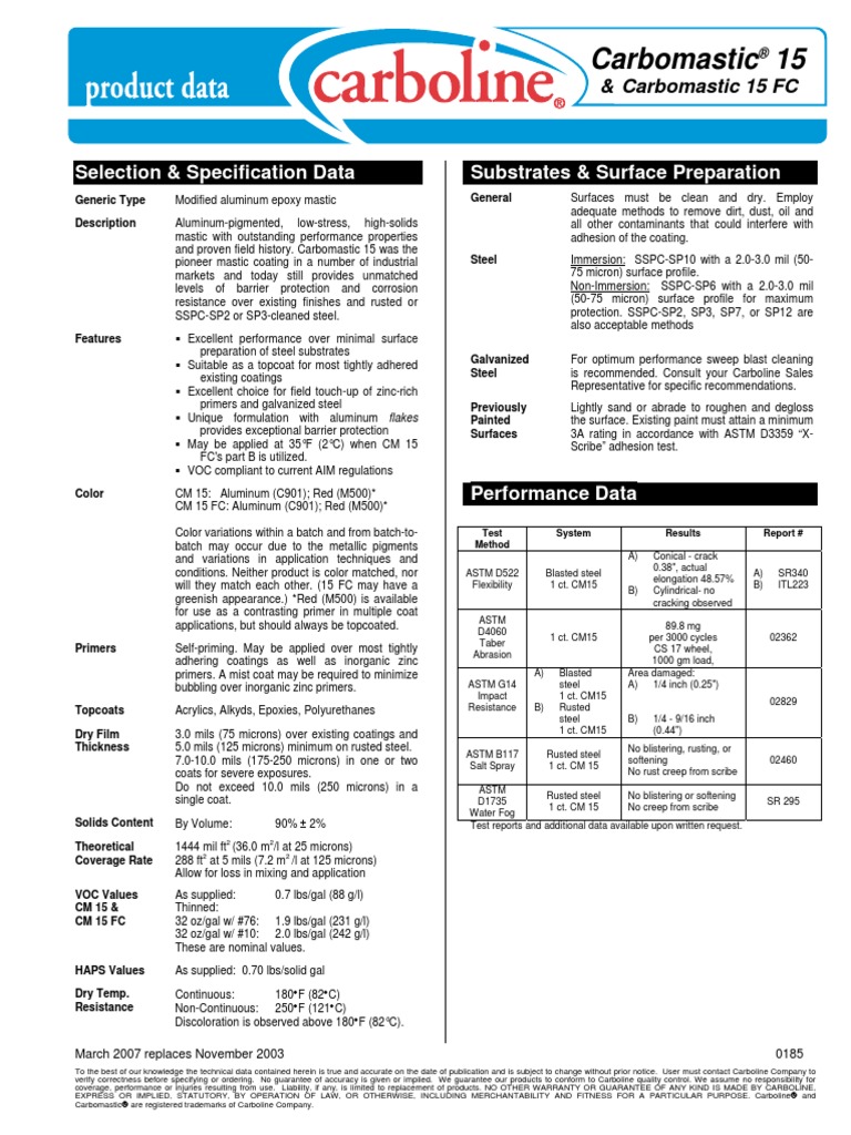 Carbomastic 15: Selection & Specification Data Substrates & Surface ...