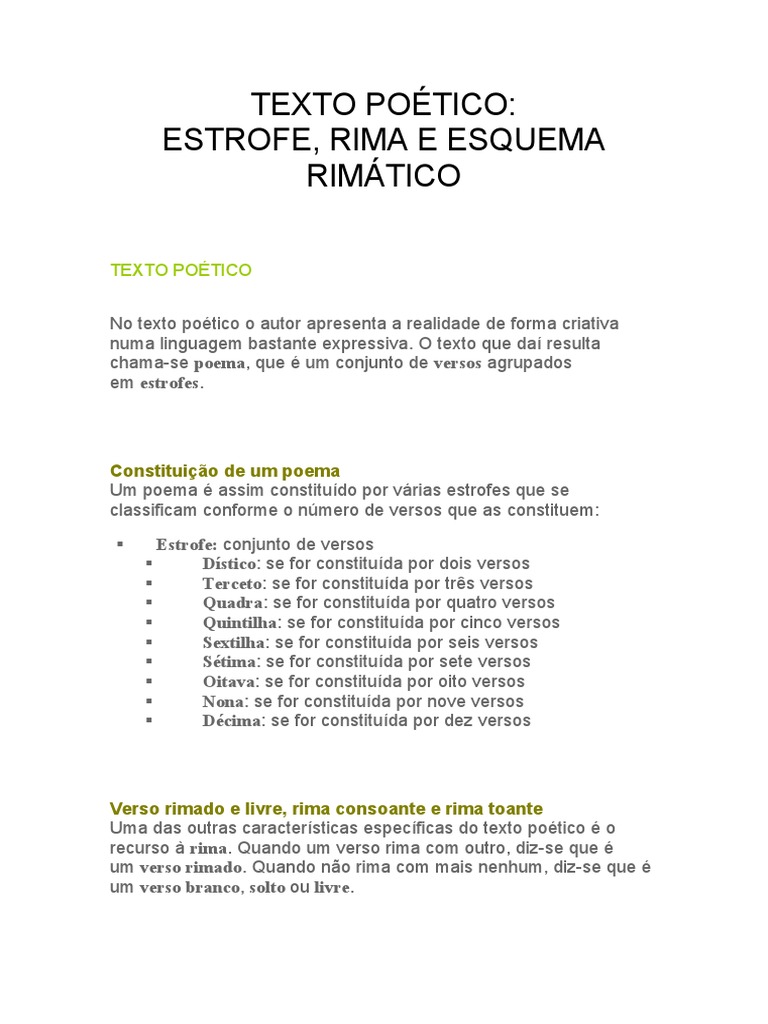 Texto Poético: Estrofe, Rima e Esquema Rimático | PDF | Métrica (poesia ...