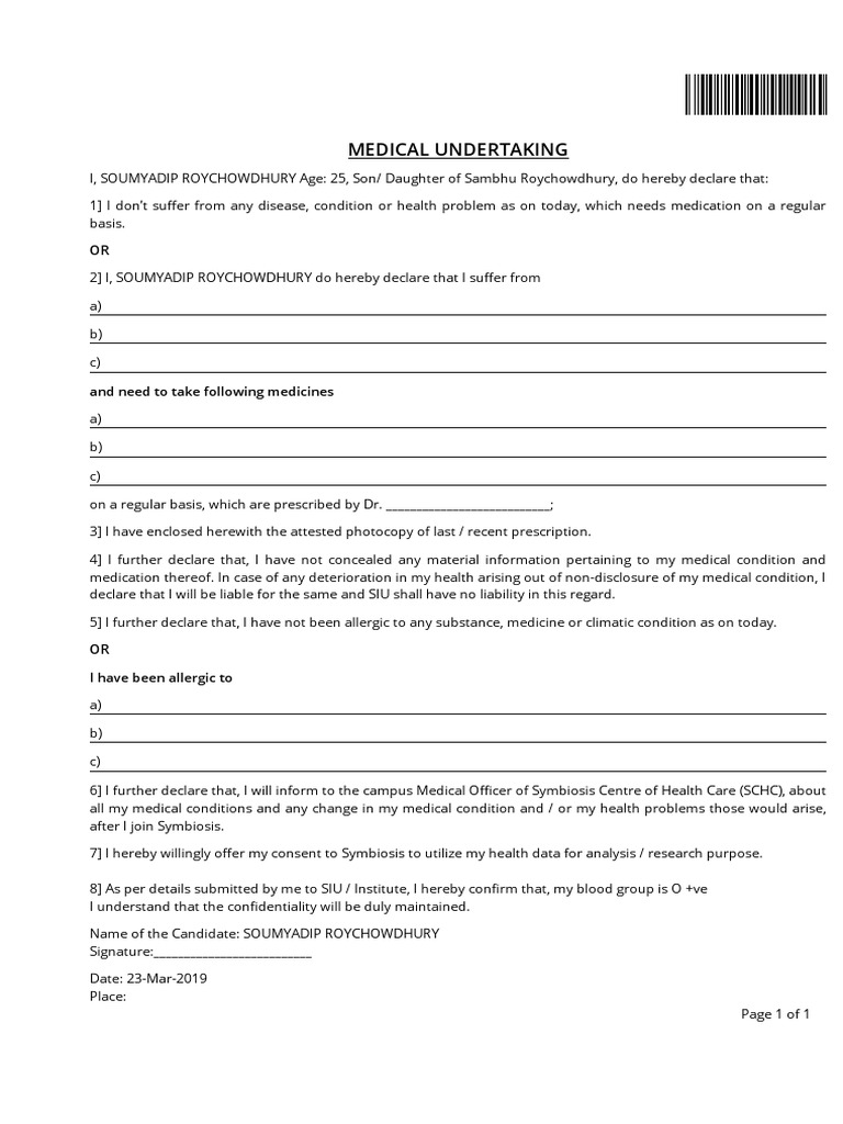Medical Undertaking Admission Form | PDF | Self-Improvement