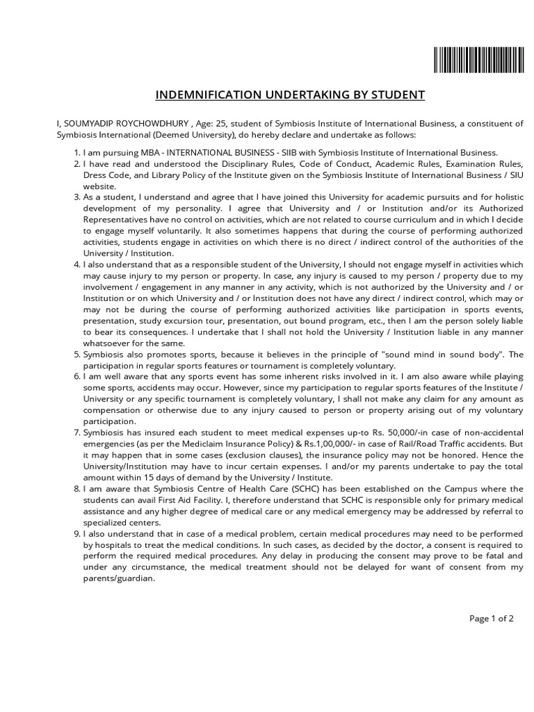 Indemnification Undertaking by Student | PDF | Consent | Insurance
