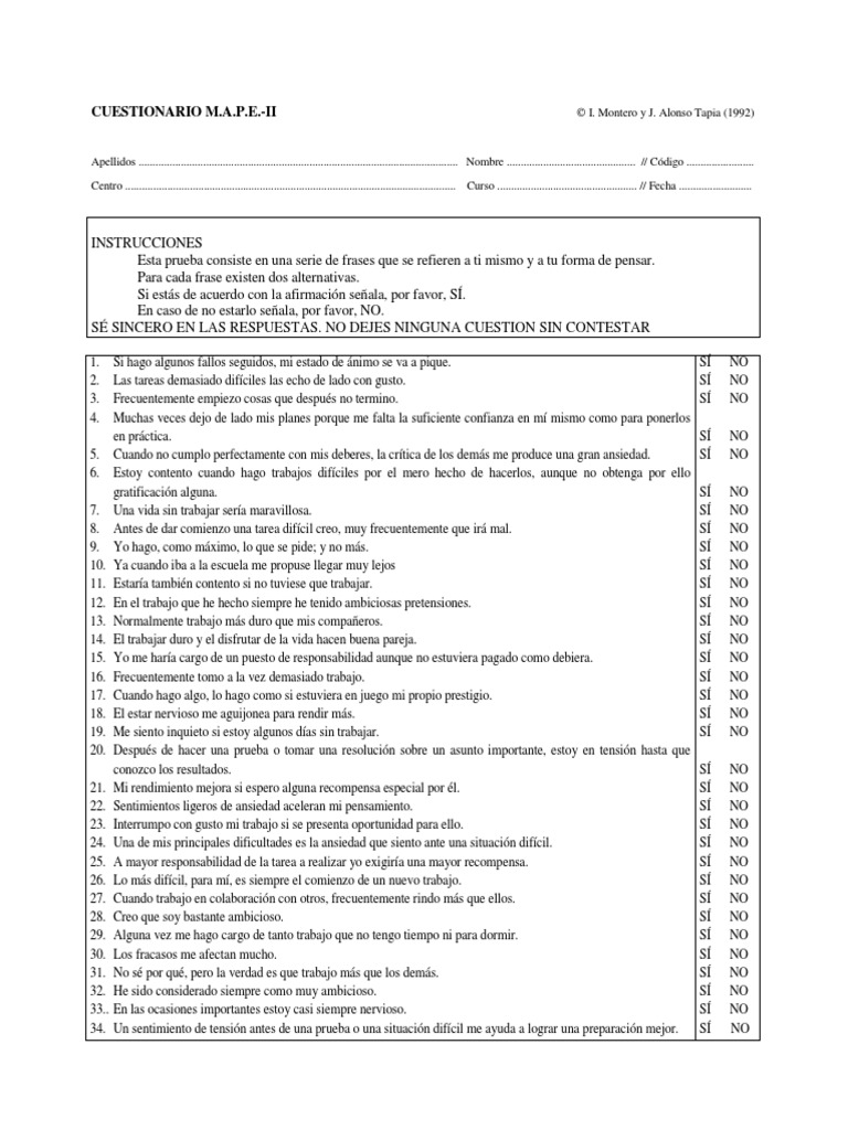 Cuestionario MAPE 2 PDF | PDF | Ansiedad | Campos relacionados con la ...