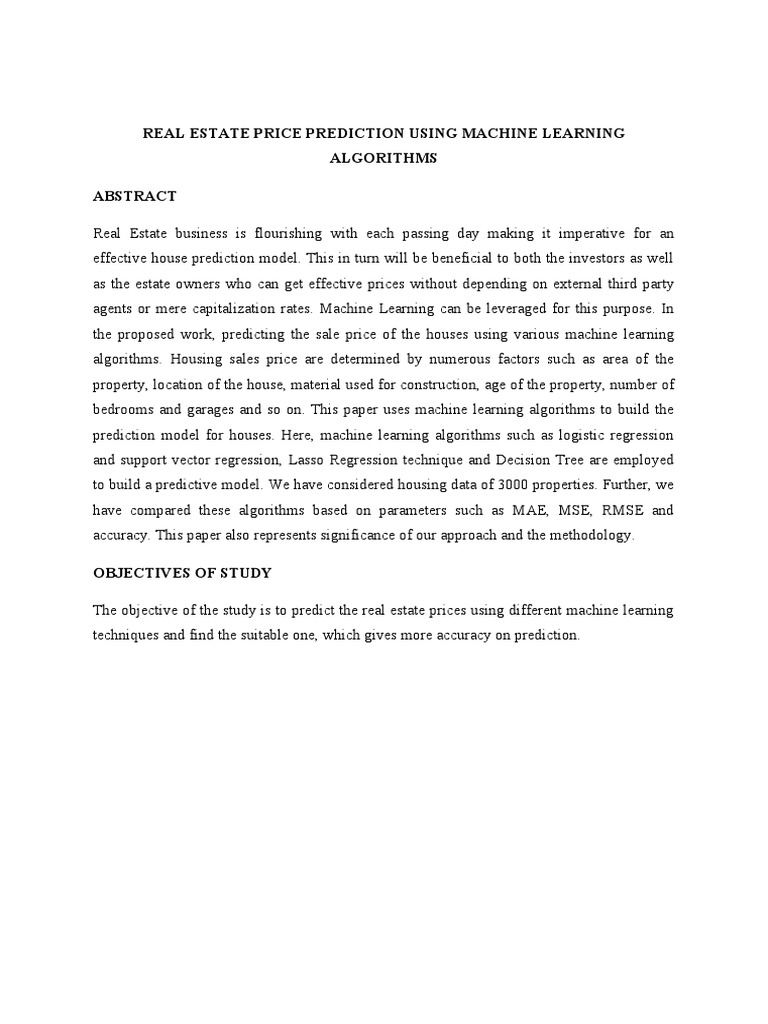 Evaluating Machine Learning Algorithms for Real Estate Price Prediction: A Comparative Study ...