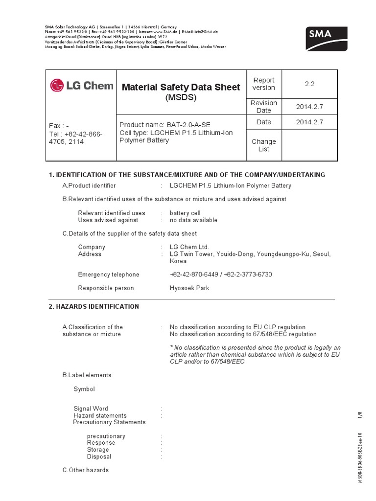 MSDS Battery Certificate | PDF | Toxicity | Dangerous Goods