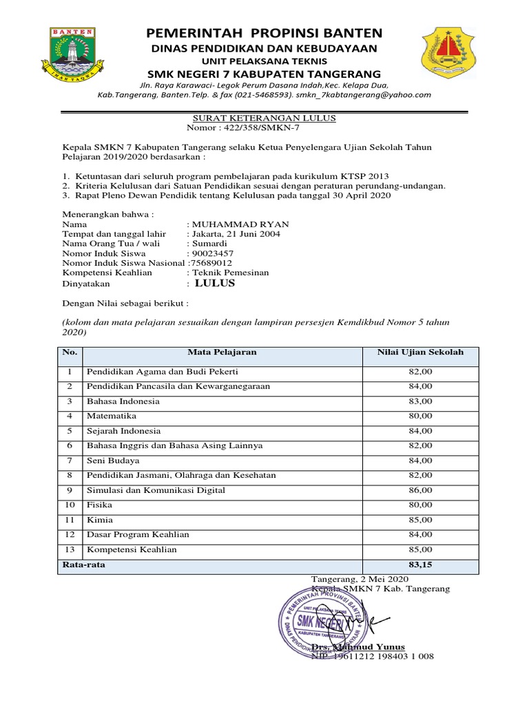 Contoh Surat Keterangan Kelulusan SMK 2020 | PDF