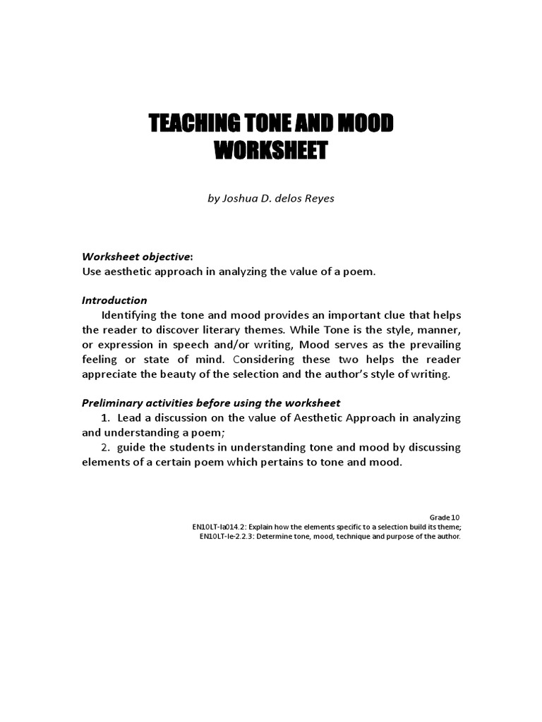Tone and Mood Worksheet | PDF | Mood (Psychology) | Mental Health