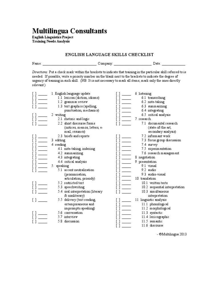 Multilingua Consultants: English Language Skills Checklist | PDF ...