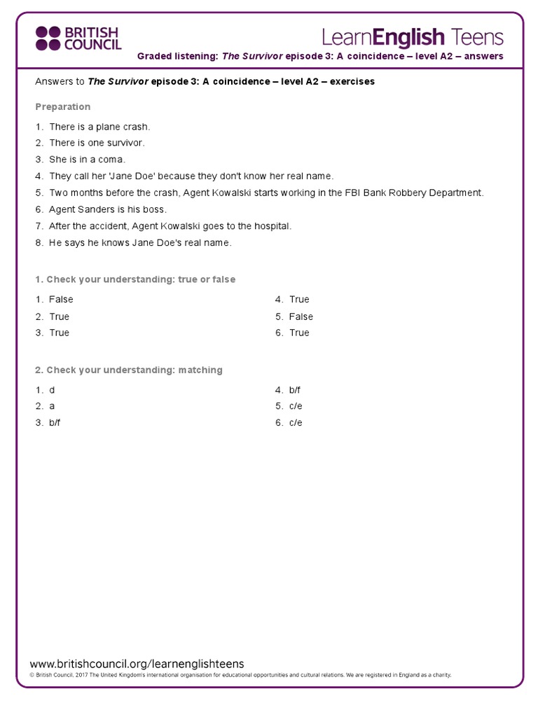 Graded Listening: The Survivor Episode 3: A Coincidence - Level A2 ...