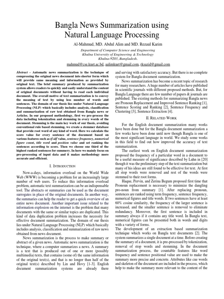 Bangla Text Summarization Using Natural Language Processing | Download ...