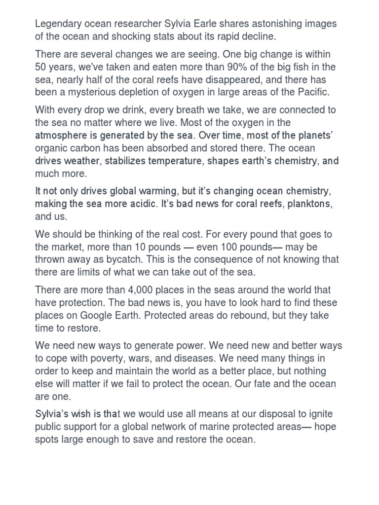 Protecting Our Oceans: Sylvia Earle's Vision | PDF