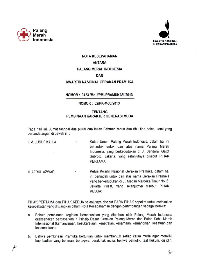 MoU PMI - Kwarnas Gerakan Pramuka | PDF