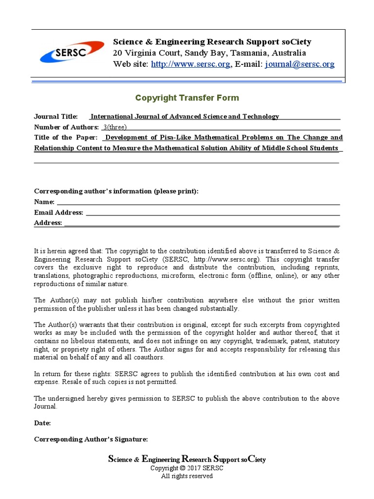 SERSC Journal Copyright Form | PDF