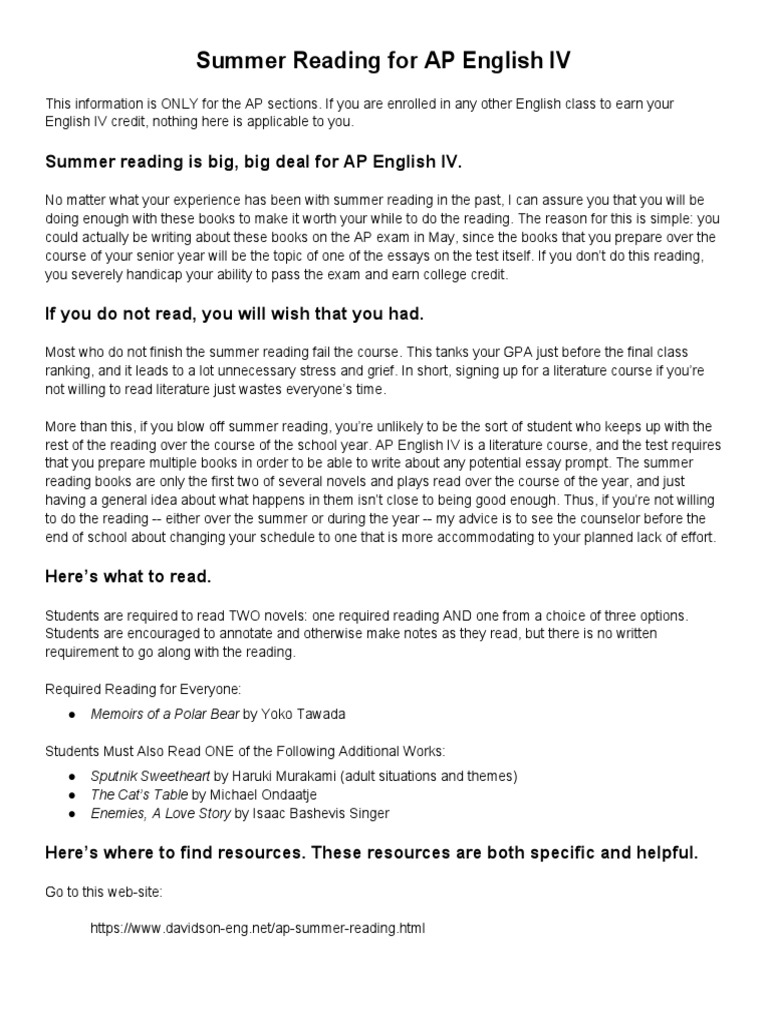 English 4 Ap Summer Reading Home Page | PDF | Advanced Placement | Test ...