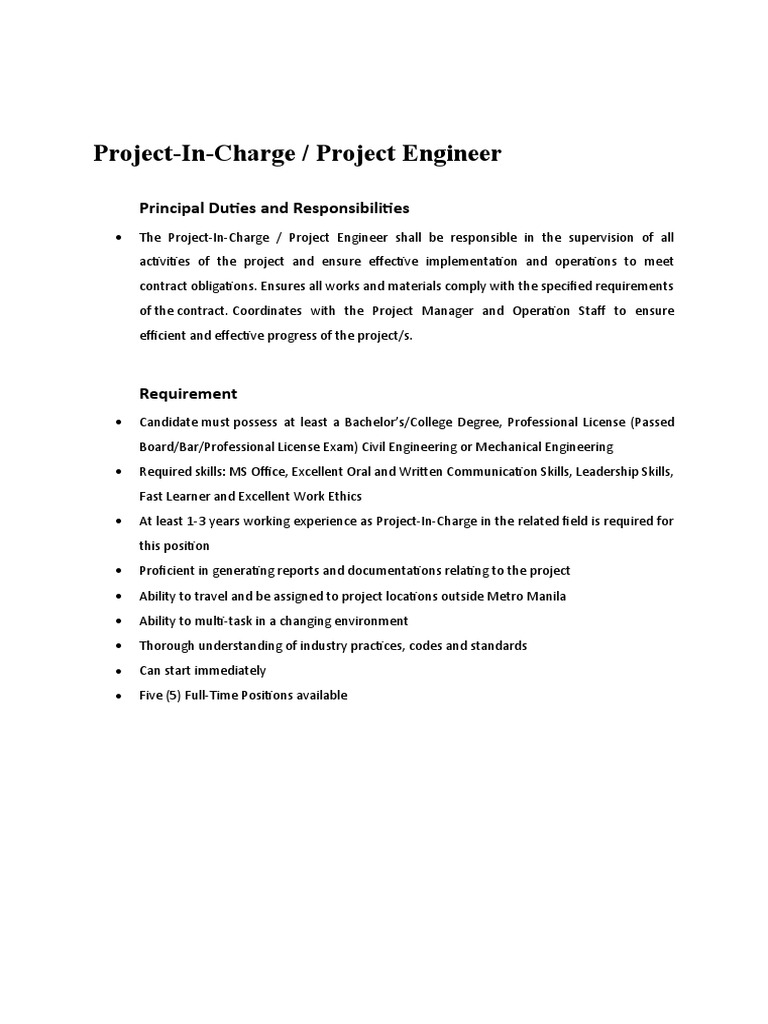 Project-In-Charge / Project Engineer: Principal Duties and ...