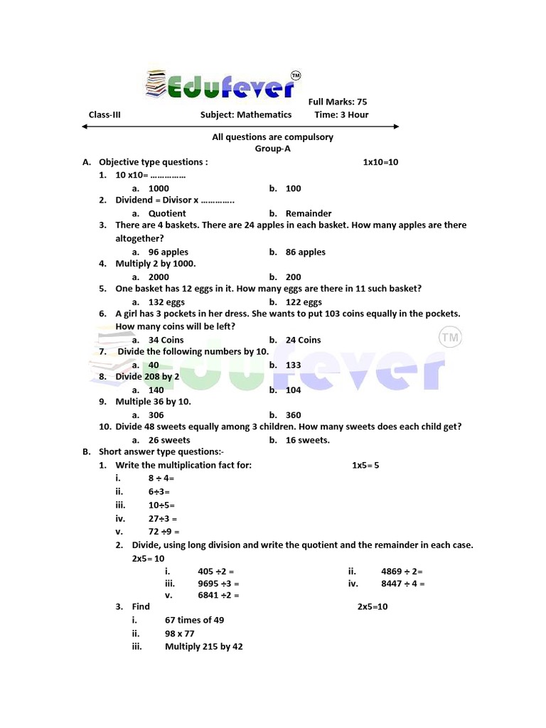 Cbse Class 3 Math Sample Paper 75 | PDF | Number Theory | Abstract Algebra