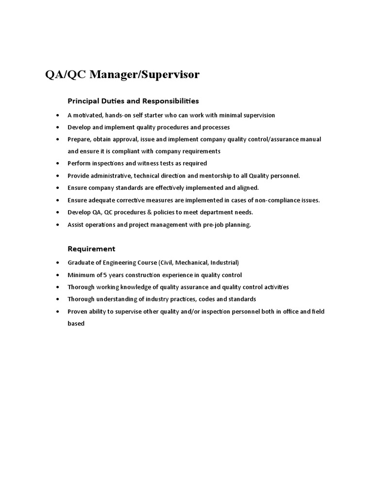 QA/QC Manager/Supervisor: Principal Duties and Responsibilities | PDF