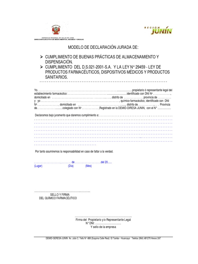 Modelo de Declaraci N Jurada | PDF | Farmacéutico | Química medicinal
