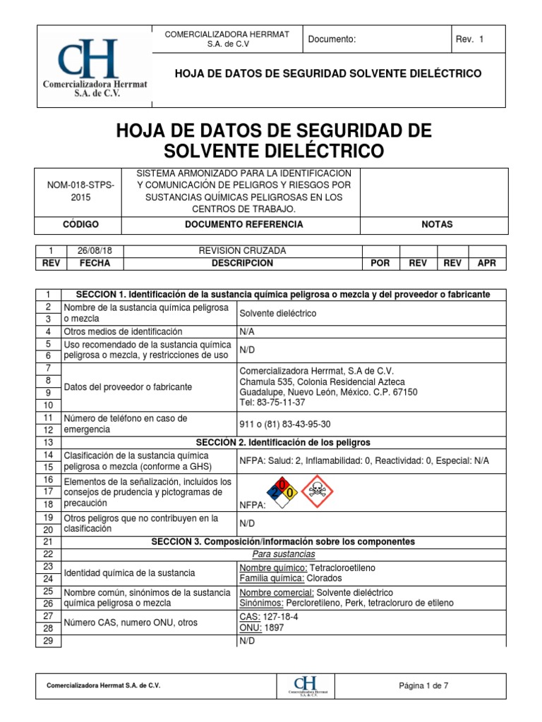 Hoja De Datos De Seguridad Solvente Dieléctrico | Hidrógeno | Toxicidad