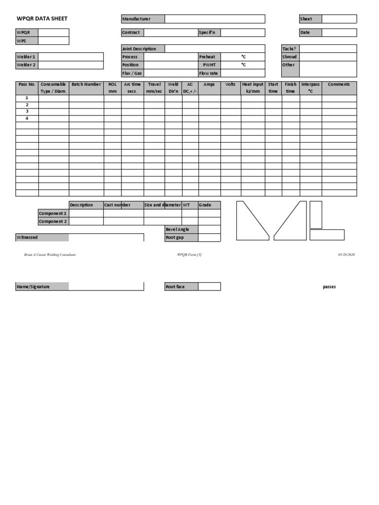 WPQR Data Sheet: Brian A Cassie Welding Consultant WPQR Form (3) 05/28 ...