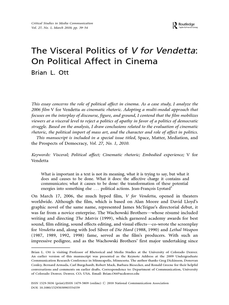 The Visceral Politics Of: On Political Affect in Cinema: V For Vendetta ...