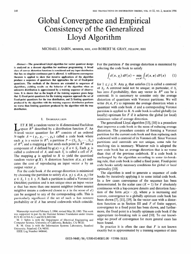 Global Convergence and Empirical Consistency of The Generalized Lloyd Algorithm | PDF ...