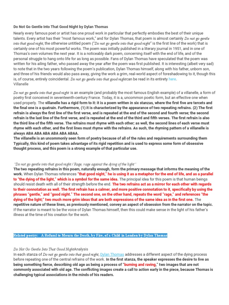 Dylan Thomas Do Not Go Gentle Into That Good Night Study Guide | PDF ...