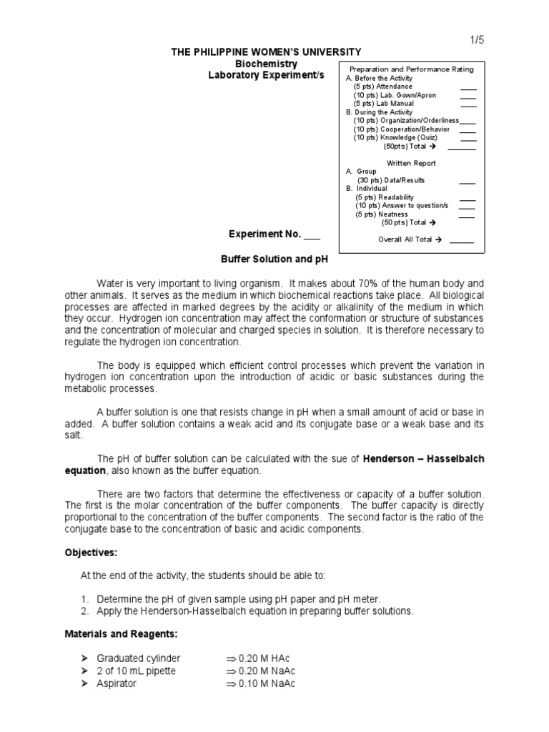 The Philippine Women'S University Biochemistry Laboratory Experiment/s | PDF | Ph | Buffer Solution