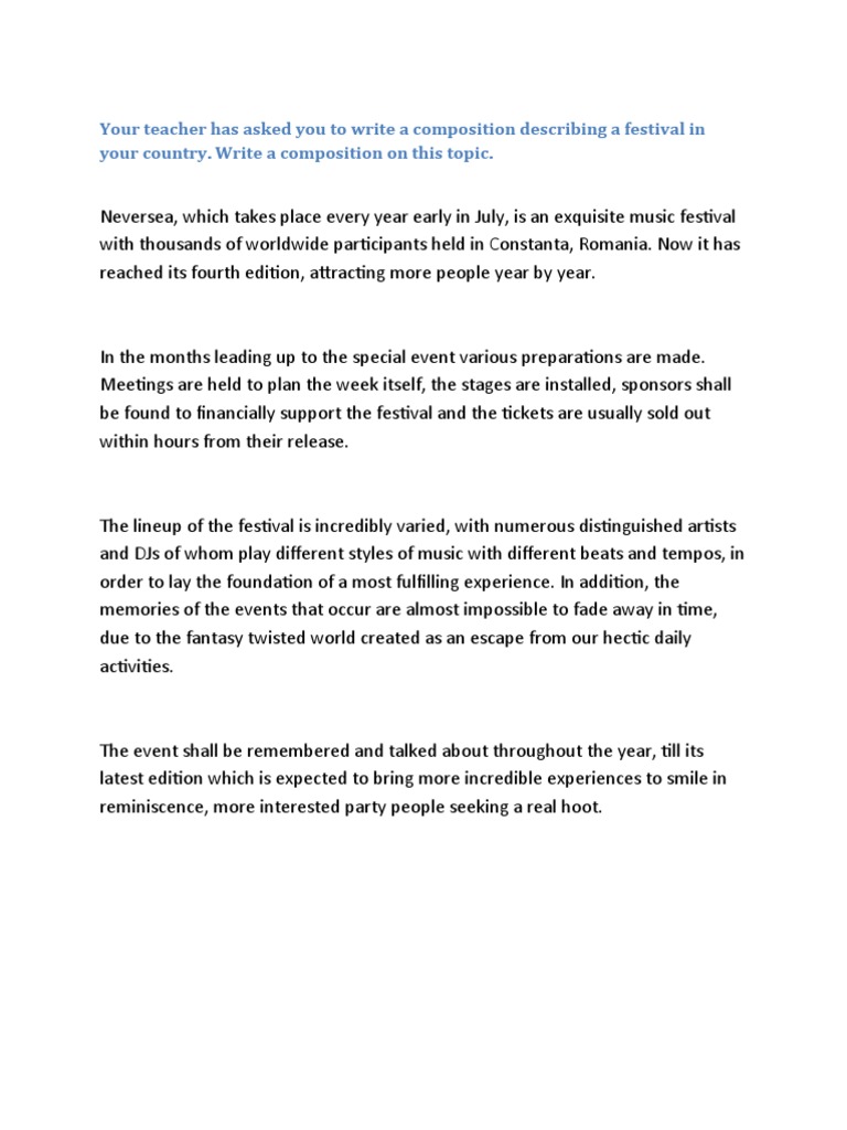 Your Teacher Has Asked You To Write A Composition Describing A Festival ...