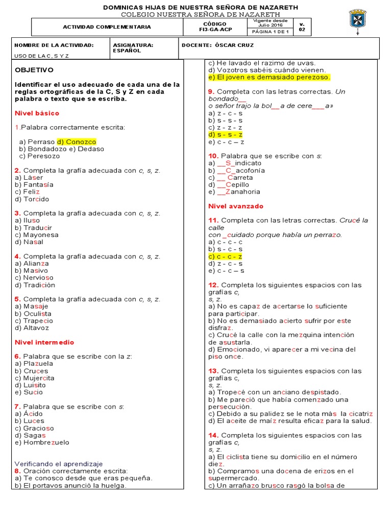 Actividades de Ortografía: C, S y Z | PDF