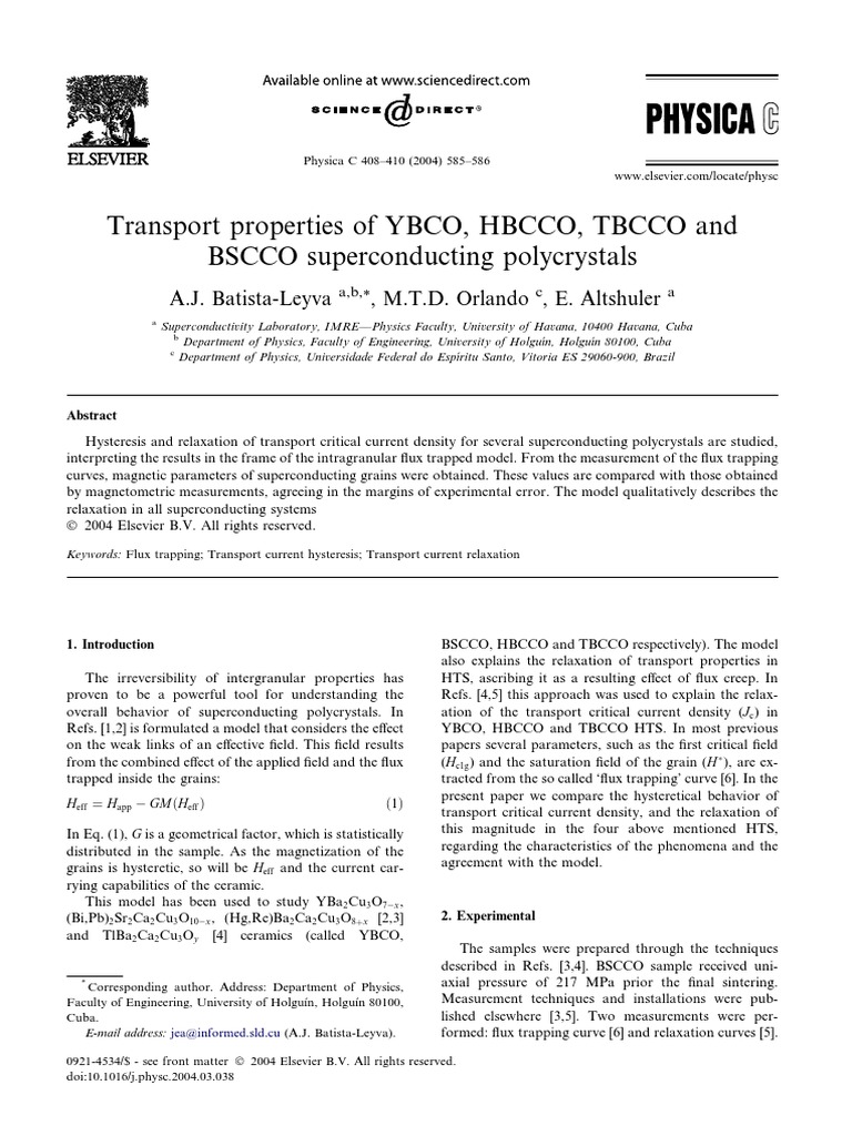 Transport Properties of YBCO, HBCCO, TBCCO and BSCCO Superconducting ...
