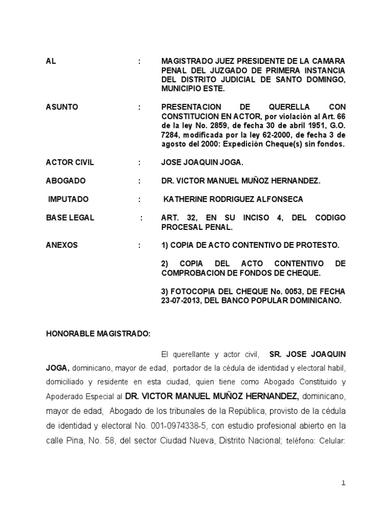 Victor Manuel Muñoz Hernandez - Querella de Cheque | PDF | Cheque ...