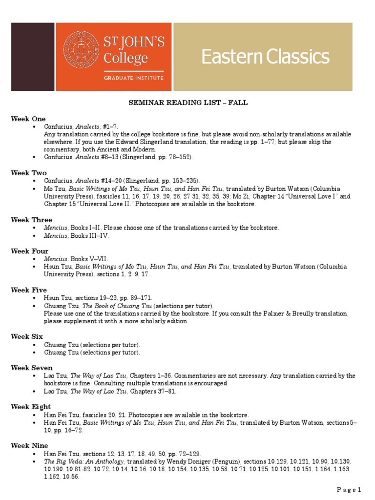 Eastern Classics: Seminar Reading List - Fall Week One | PDF | Sutra | Analects