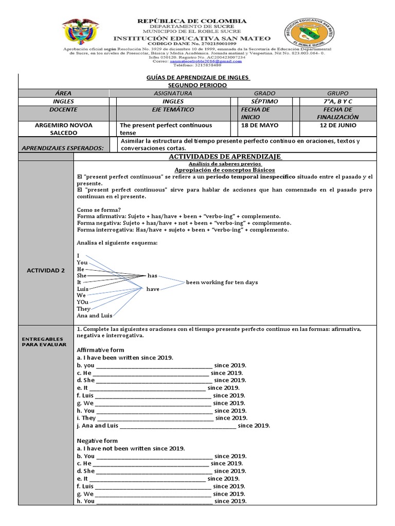 Guía 2 de Inglés - Grado Séptimo | PDF | Grammar | Language Mechanics
