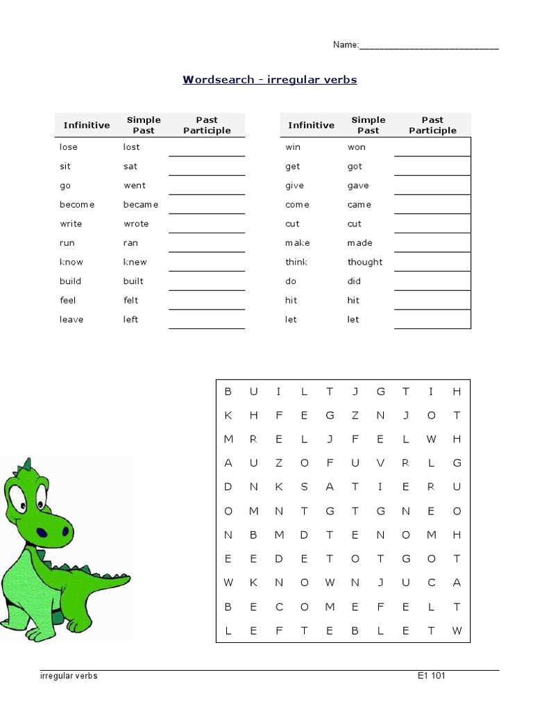Wordsearch - Irregular Verbs: Infinitive Simple Past Past Participle ...