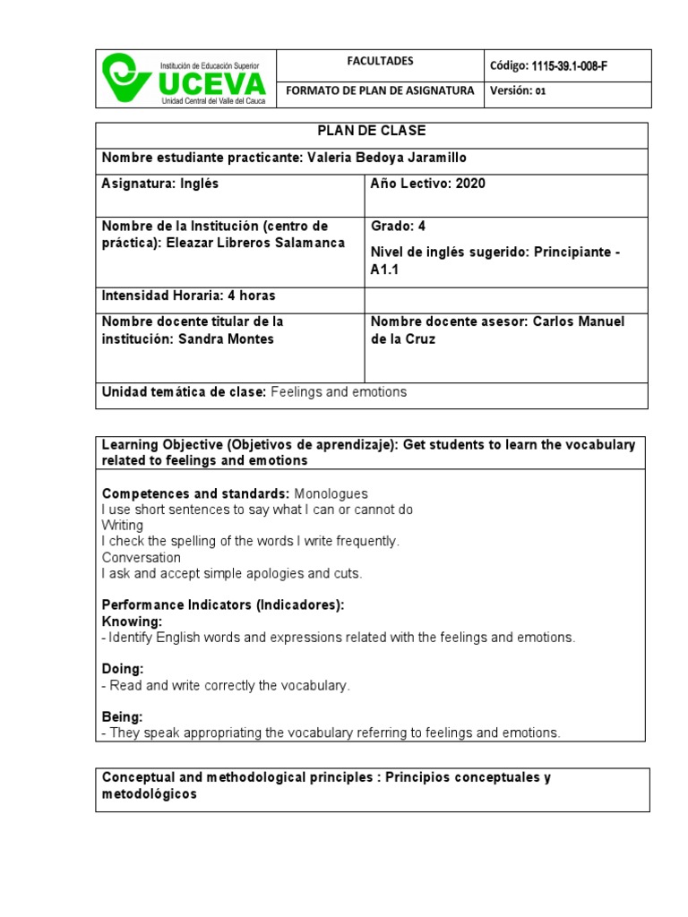 English Class Plan: Feelings & Emotions | PDF | Vocabulary | Linguistics