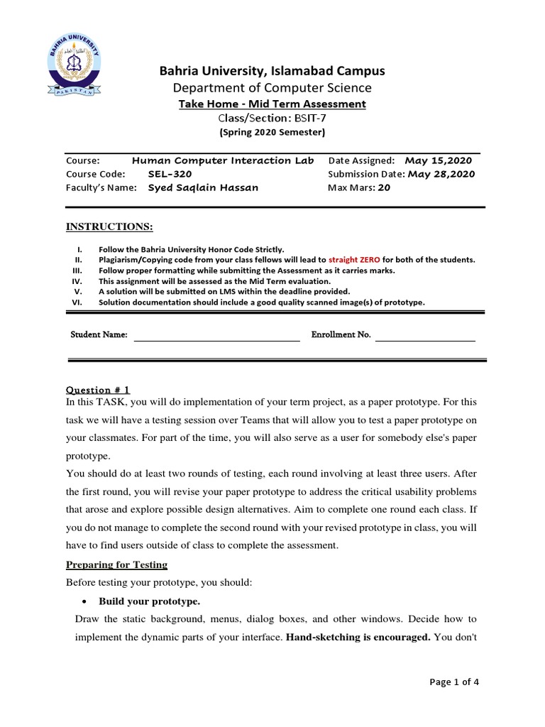 Bahria University, Islamabad Campus: Department of Computer Science | PDF | Usability | Prototype