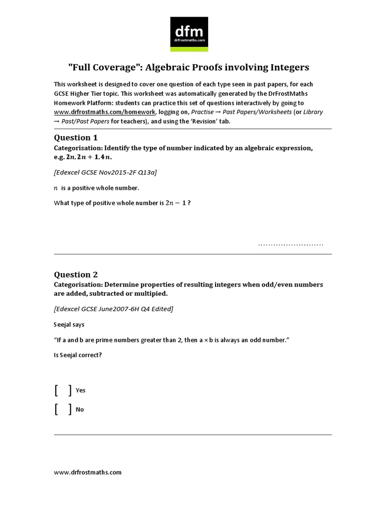 "Full Coverage": Algebraic Proofs Involving Integers: (Edexcel GCSE Nov2015-2F Q13a) | PDF ...